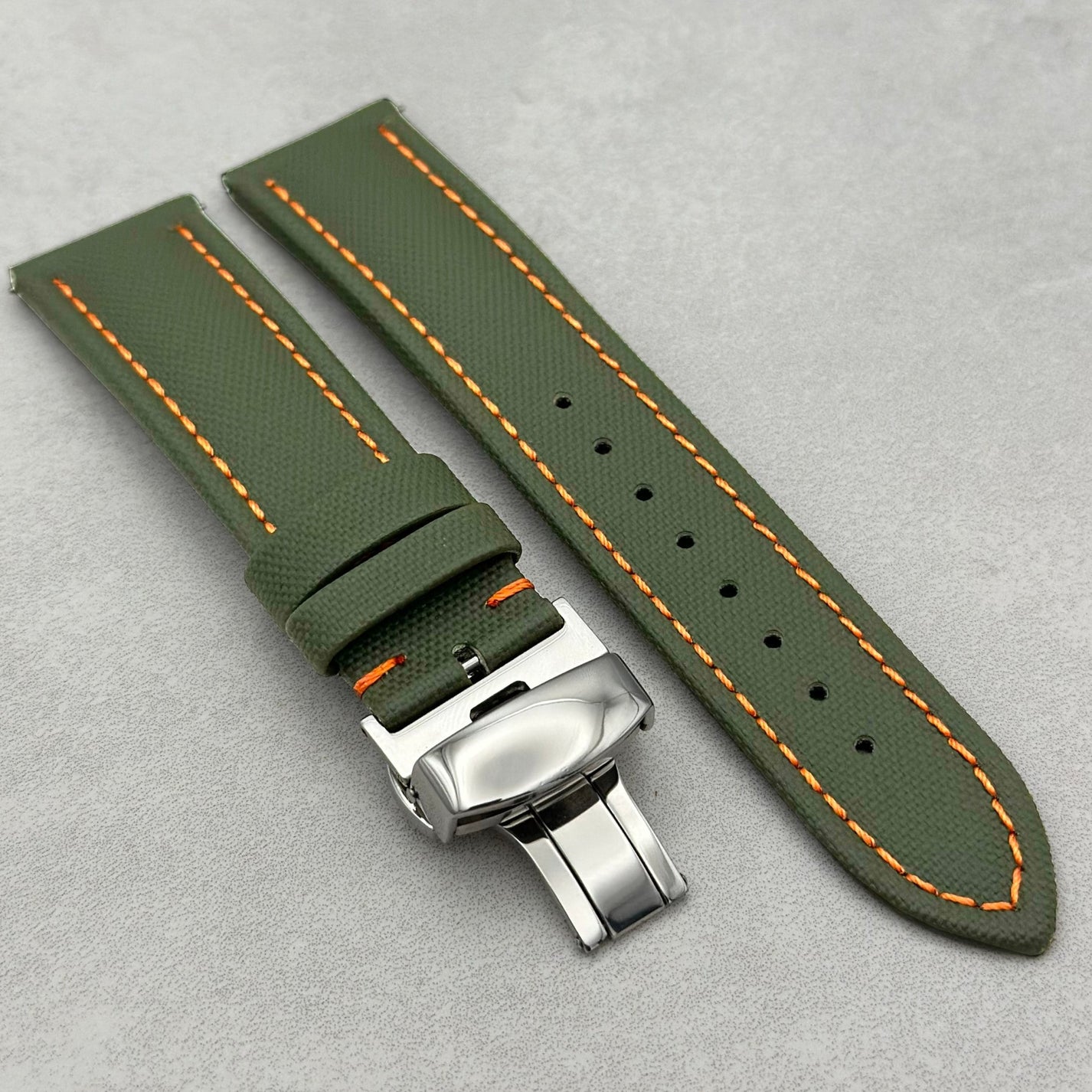 Khaki Green Sail Cloth Watch Strap With Orange Stitching – Watch and ...