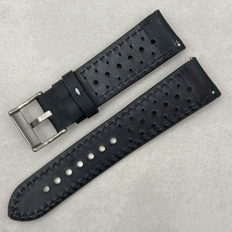 Jet Black Perforated Full Grain Leather Rally Watch Strap – Watch and ...