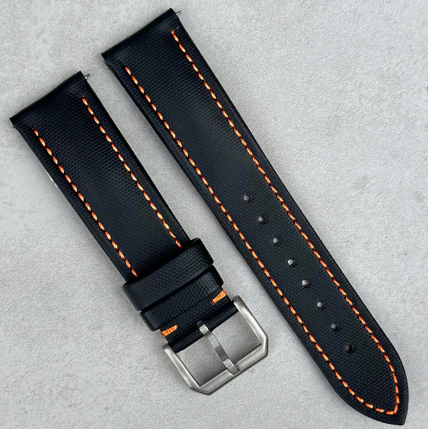 Jet Black Sail Cloth Watch Strap With Orange Stitching – Watch and Strap Co